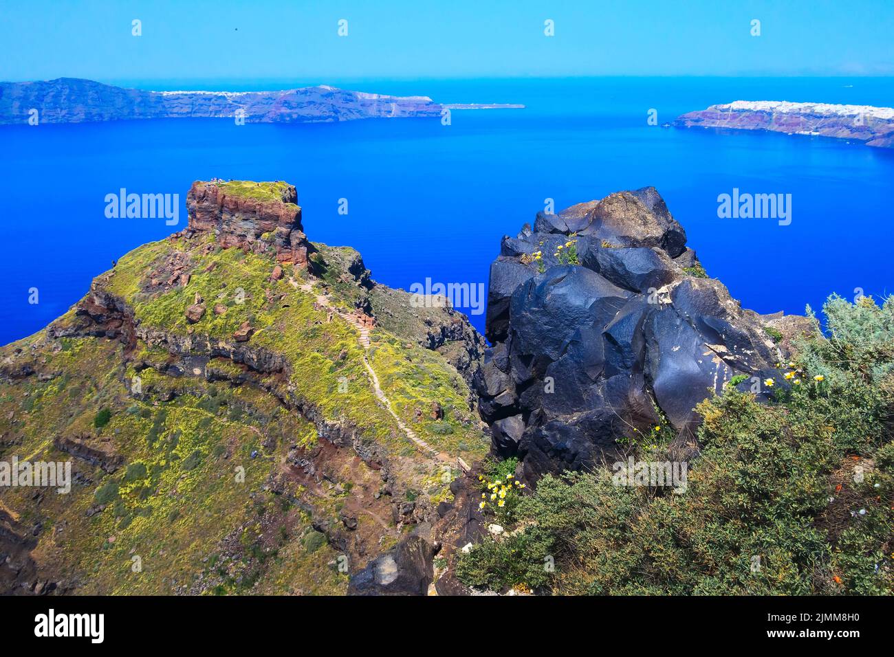 Santorini Skaros rock and caldera, Greece Stock Photo - Alamy