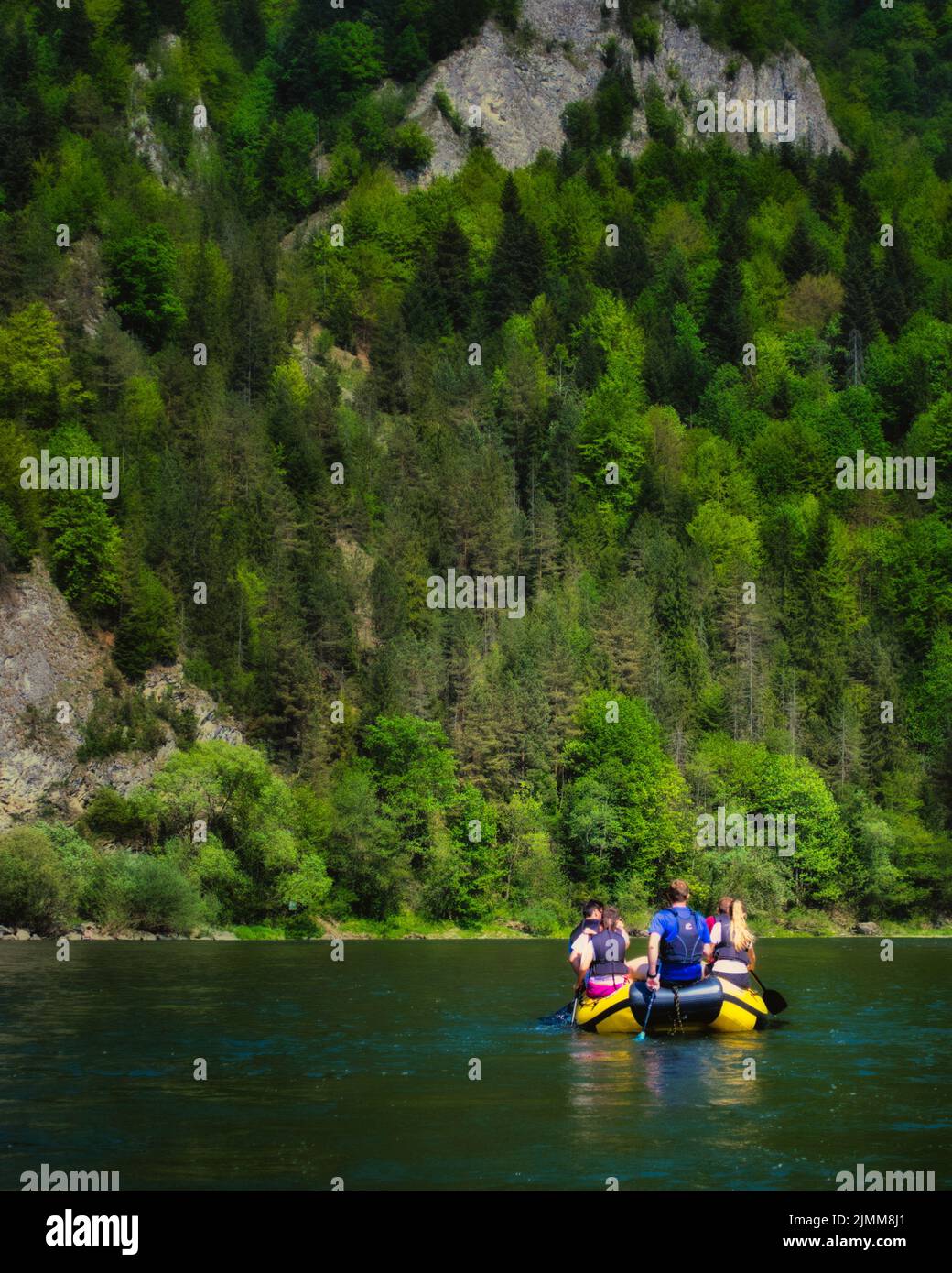 A vertical shot of people rafting on the Dunajec river on the ...