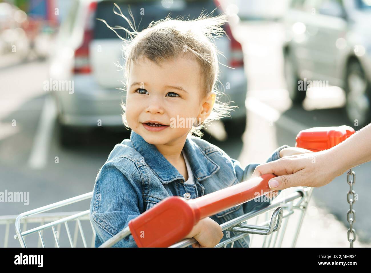 Cute little boy sitting in a shopping cart Stock Photo - Alamy