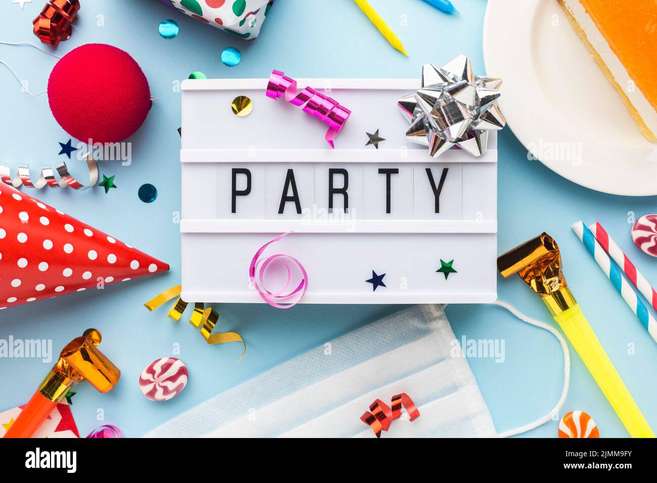 Party still life collection top view Stock Photo - Alamy