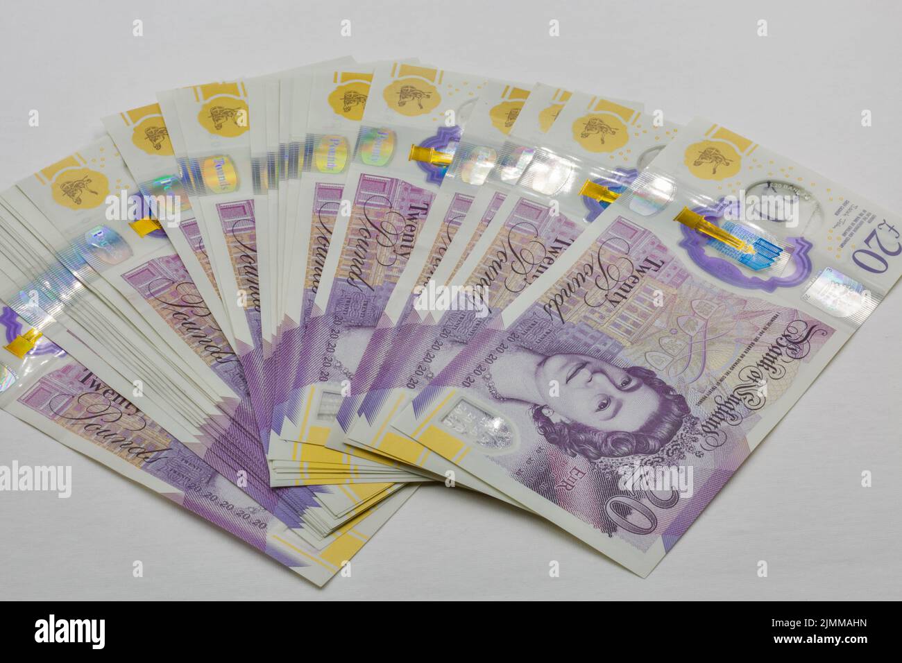 British twenty pounds sterling banknotes closeup. Portrait of Queen ...