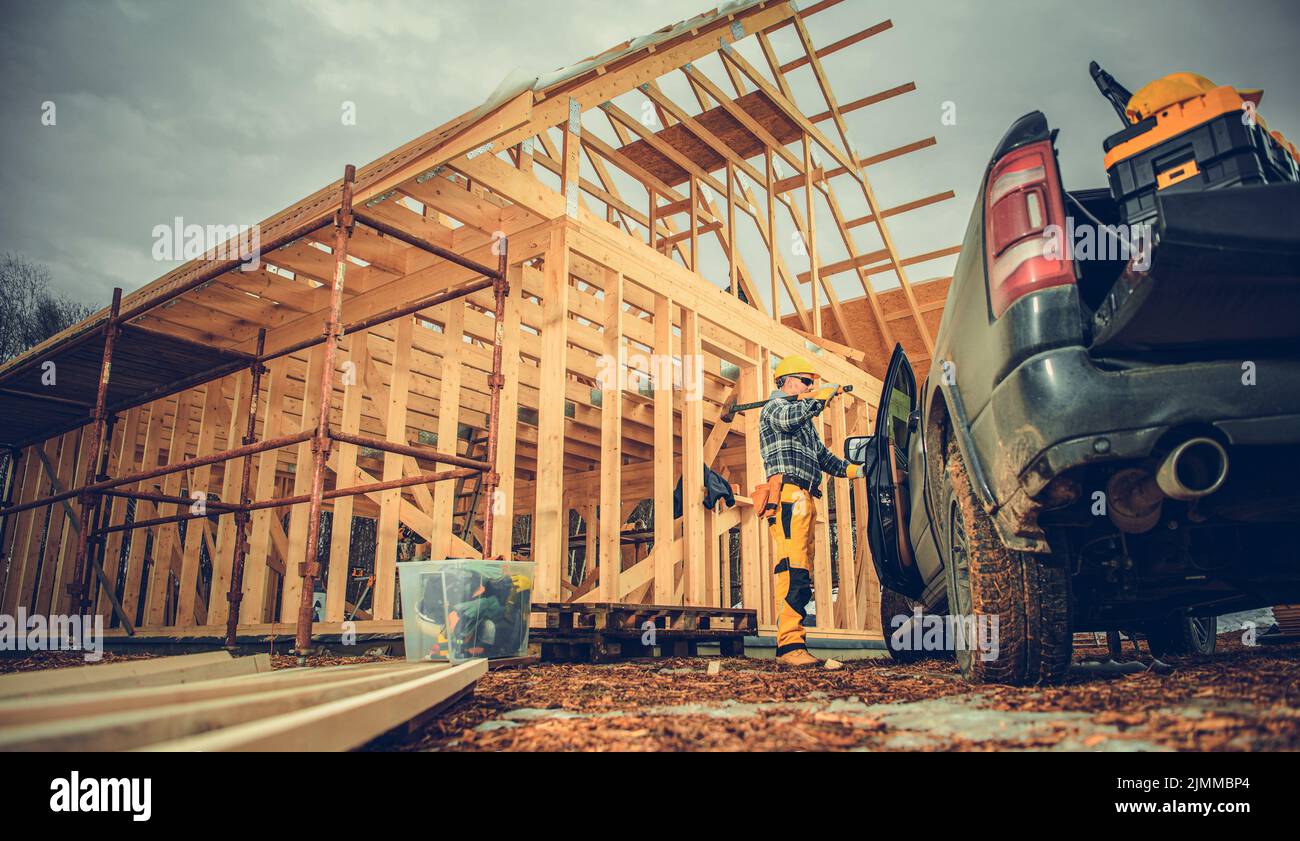 Builder Packing His Tools and Equipment Back Into His Pickup Truck ...