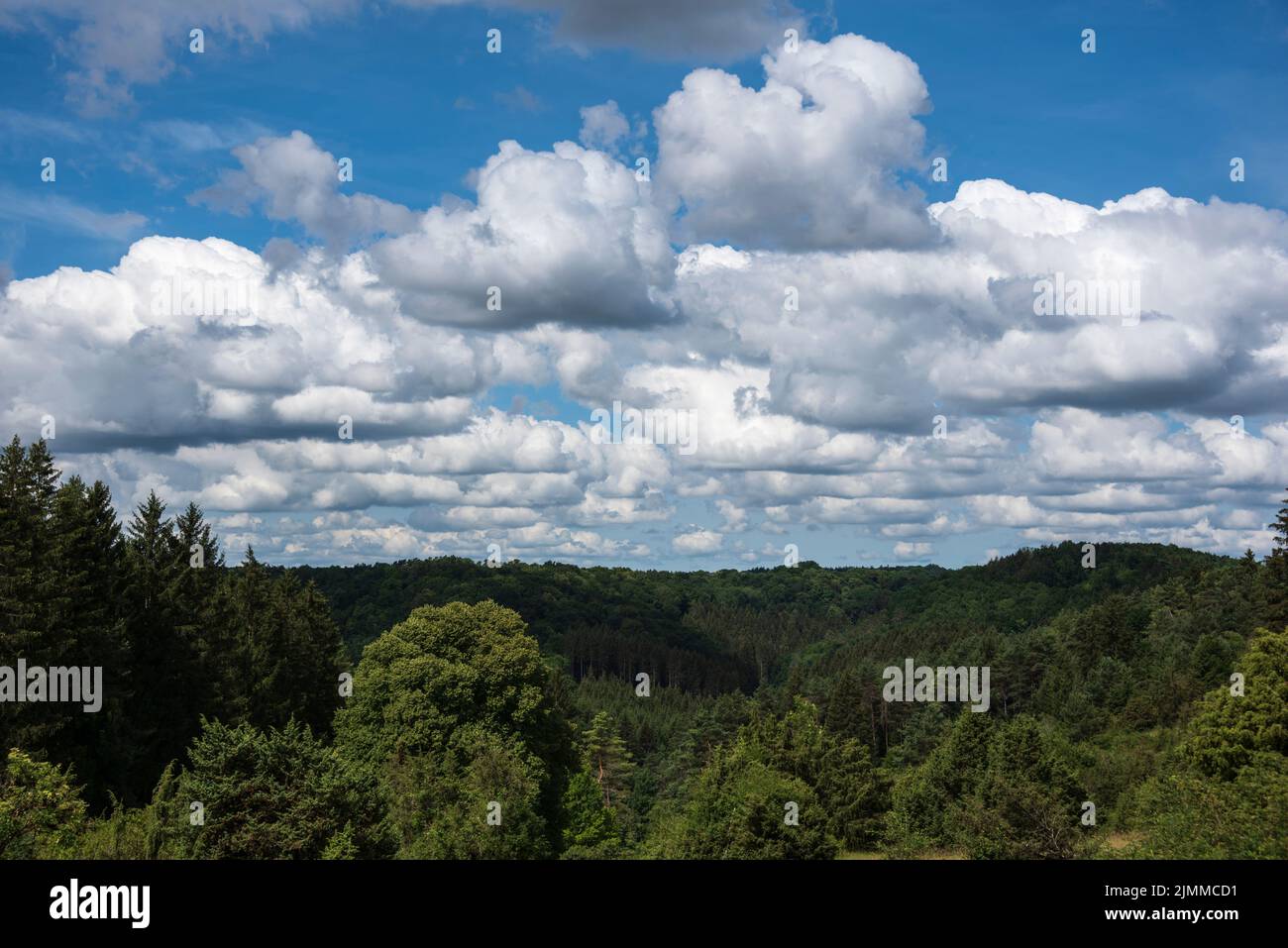 view over a wooded valley in swabian alb with a cloudy sky Stock Photo ...