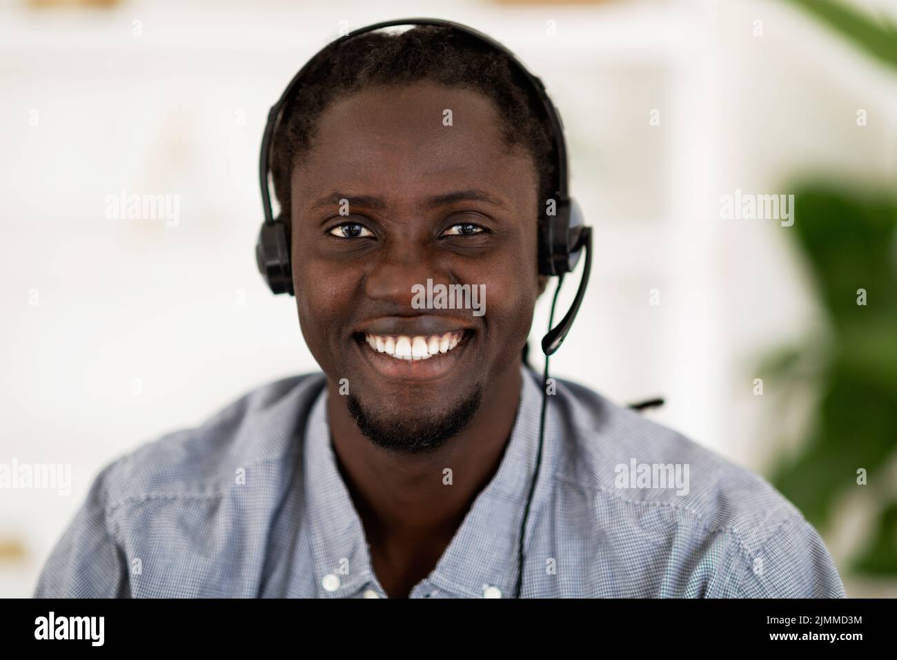 Call Center Worker. Closeup Portrait Of Black Male Hotline Manager In ...