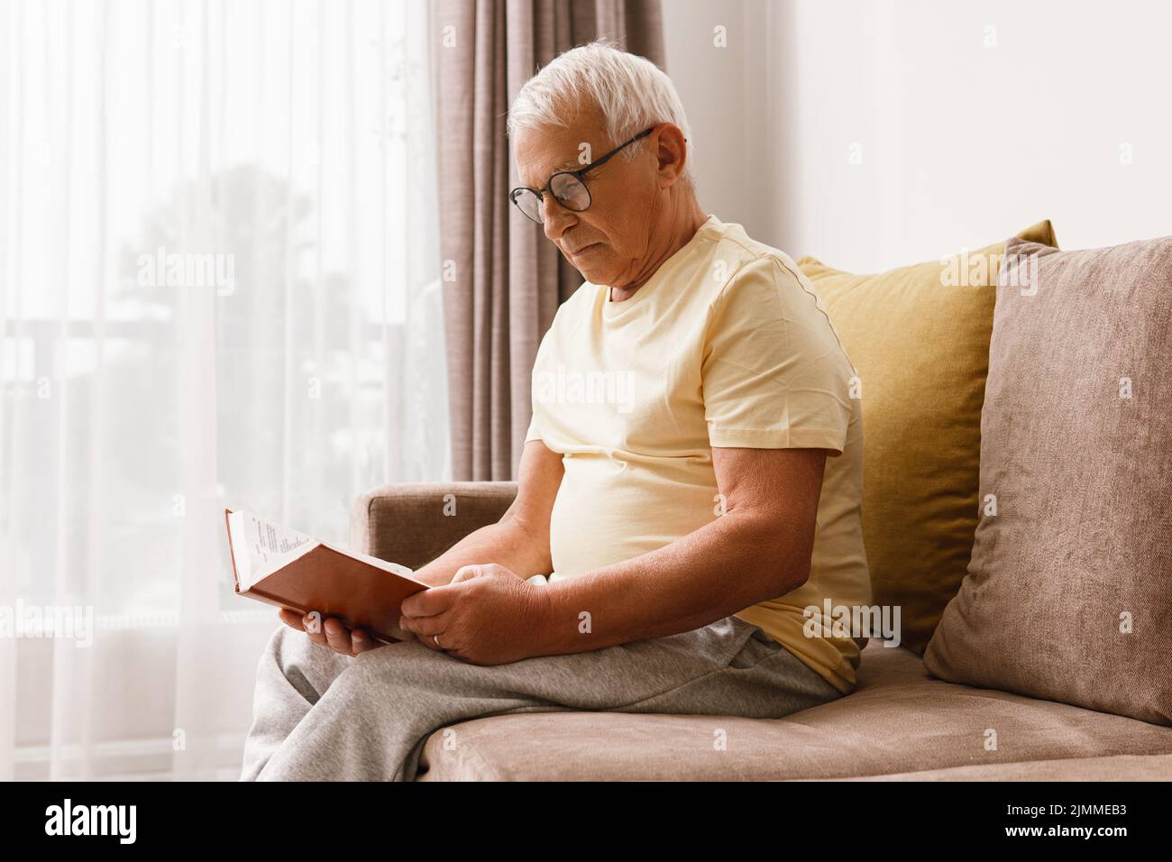 Wise and elderly man is reading book at home Stock Photo - Alamy