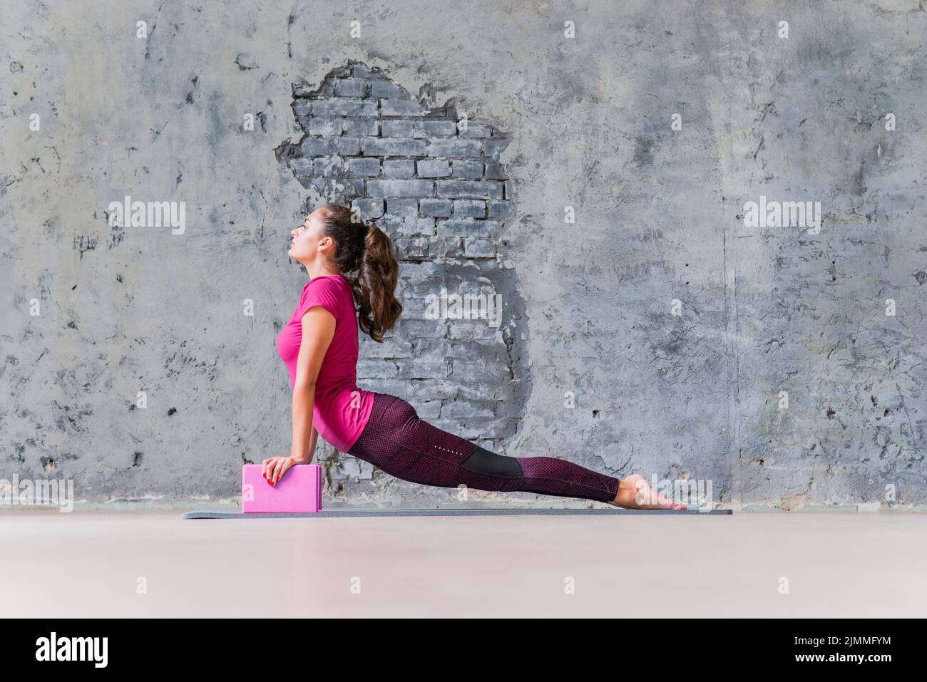 Healthy young woman exercising fitness push ups using blocks Stock ...
