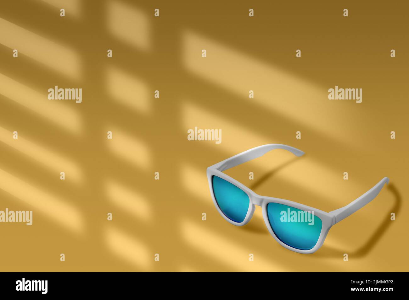 Blue sunglasses on dark yellow background, window shadow and copy space ...