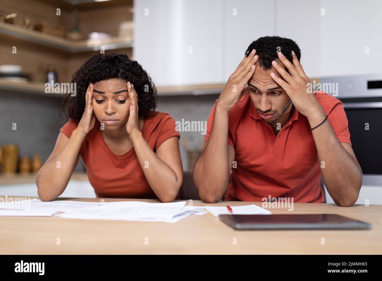 Upset Despaired Millennial African American Wife And Husband In Same T