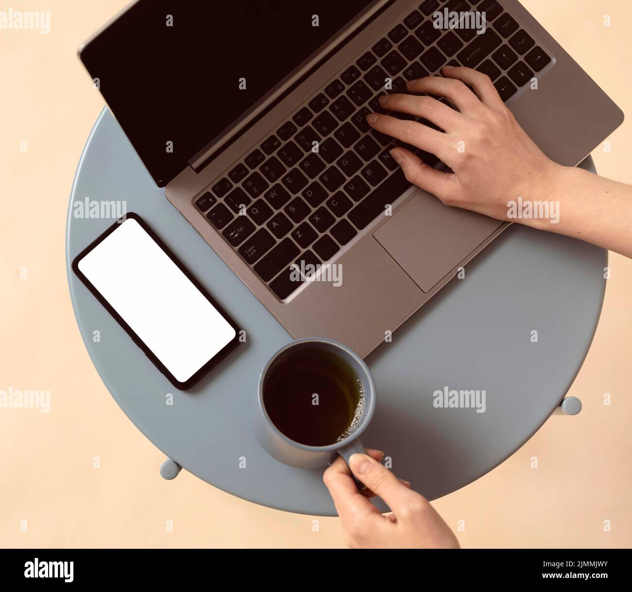 Top view laptop morning coffee Stock Photo - Alamy