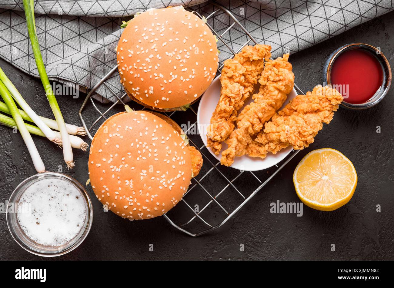 Top view fried chicken burgers tray with sauces Stock Photo - Alamy