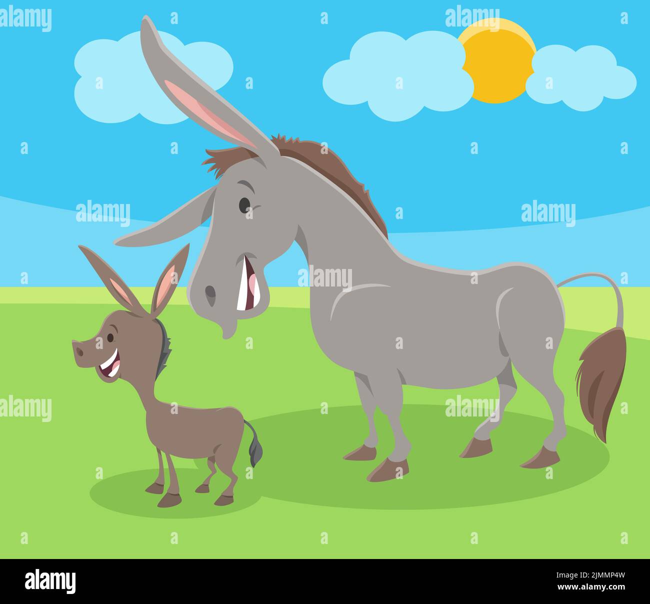Funny cartoon donkey farm animal character with foal Stock Photo - Alamy