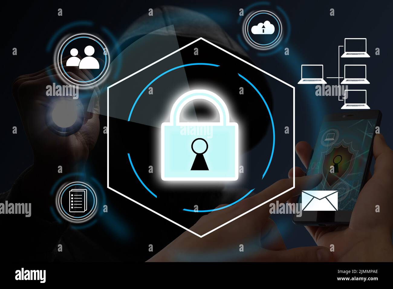 Personal Data Protection Act or PDPA concept. Businessmen use a phone with fingerprint scanning ...