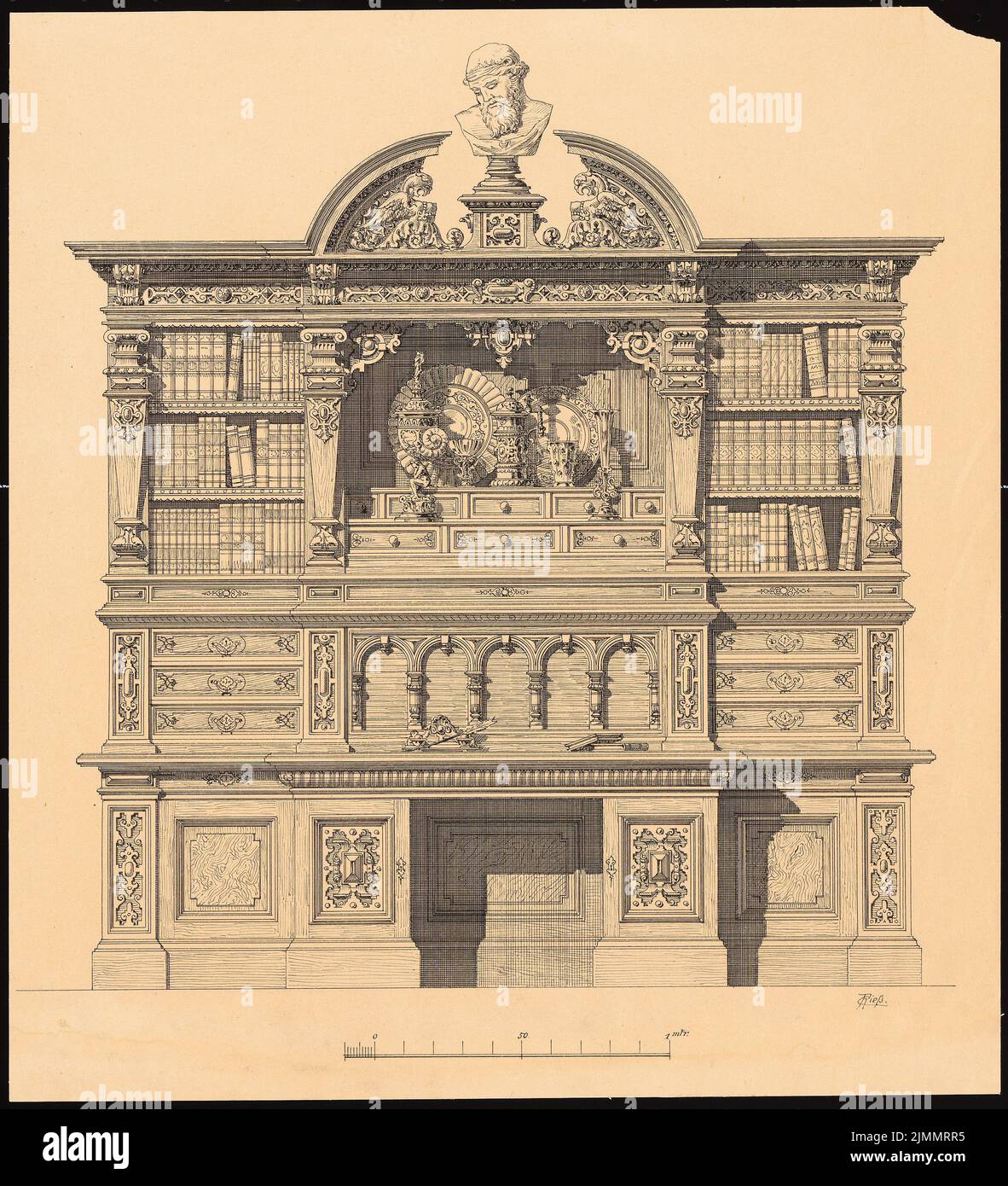 Rieß Carl (1831-1884), bookcase (without date): View. Ink on paper, 37. ...