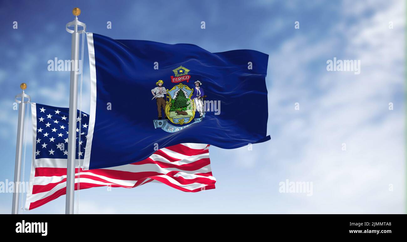 The Maine state flag waving along with the national flag of the United ...