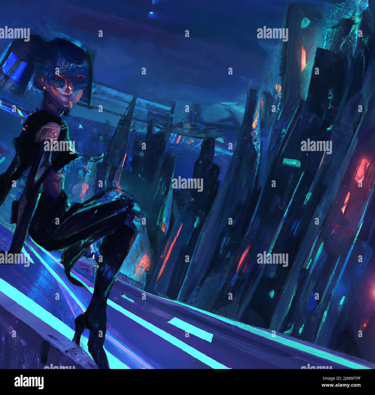 Cyberpunk girl in neon world illustration. Fantastic future concept art ...