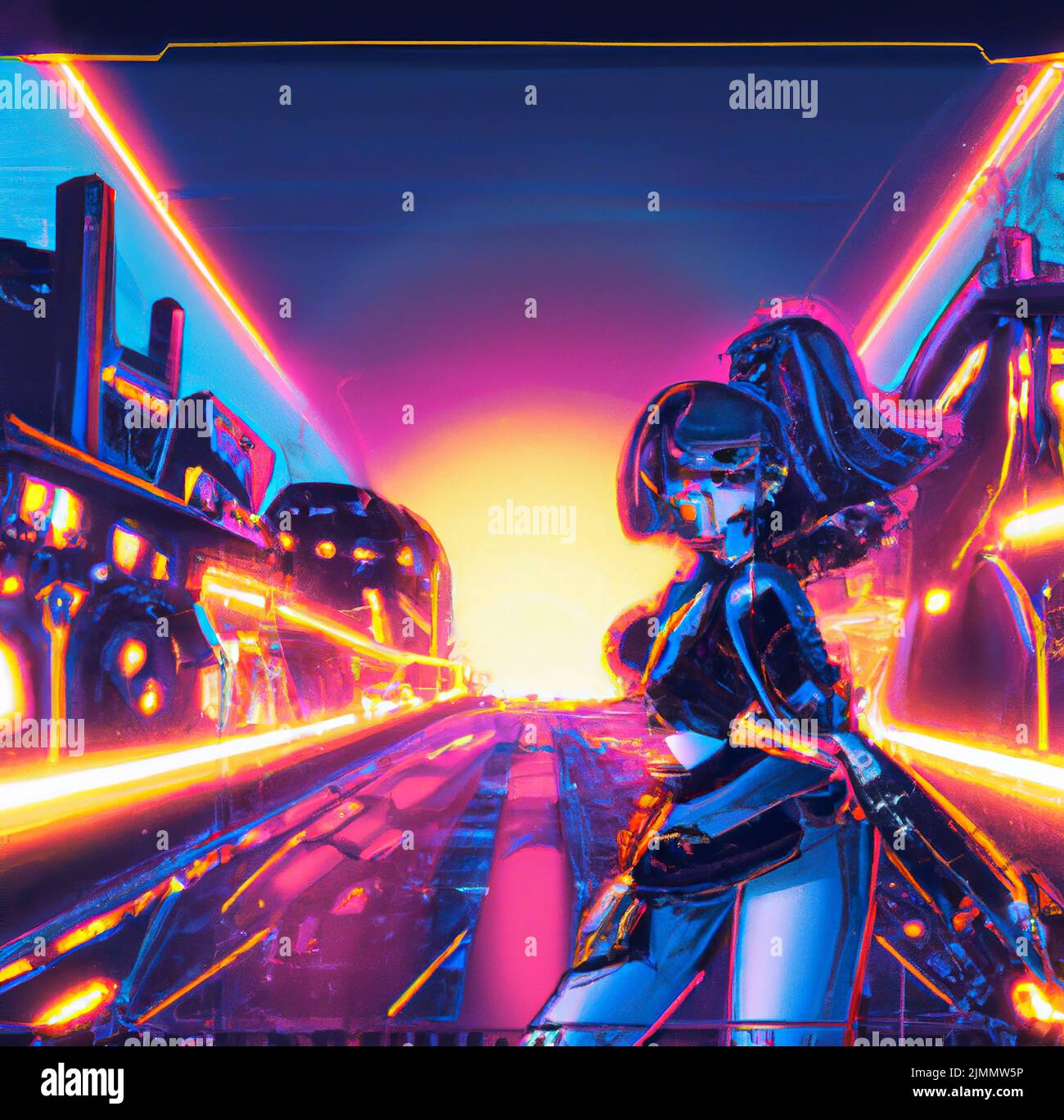Cyberpunk girl in neon world illustration. Fantastic future concept art ...