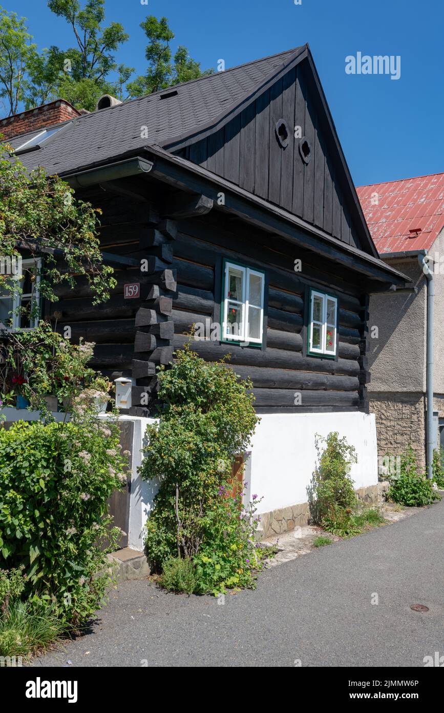 Traditional east Moravian wooden log house in the town of Štramberk ...