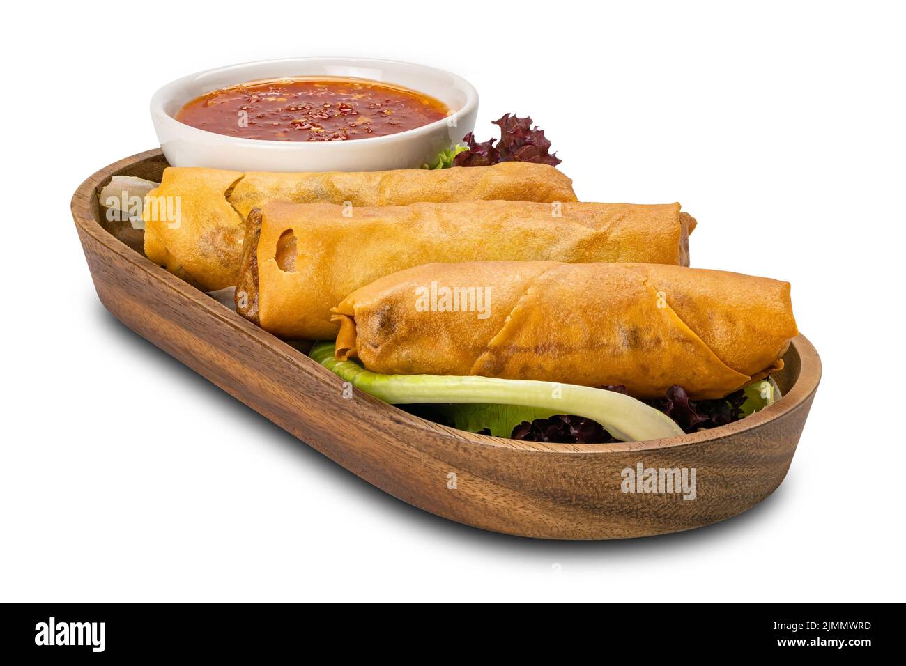Homemade Fried Spring Roll with chili sauce and vegetables in wooden ...