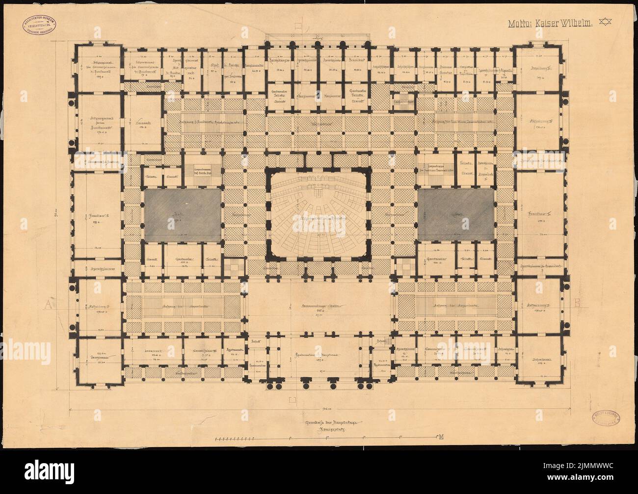 Boldt & Frings, Reichstag, Berlin (1882): Grundriss main floor. Pencil ...