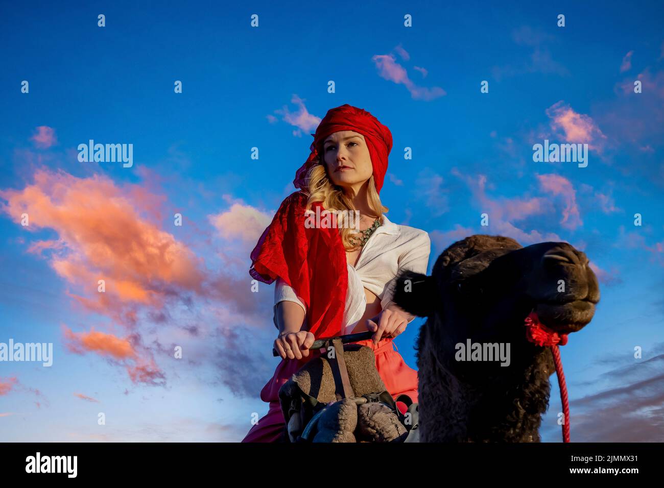A Lovely Model Rides A Dromedary Camel Through The Saharan Desert On ...