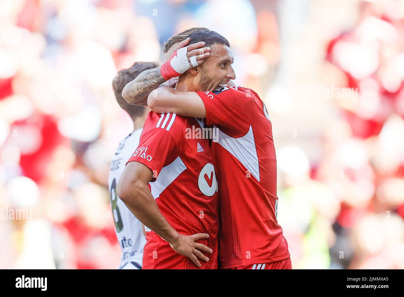 Standard's Selim Amallah celebrates after scoring during a soccer match ...