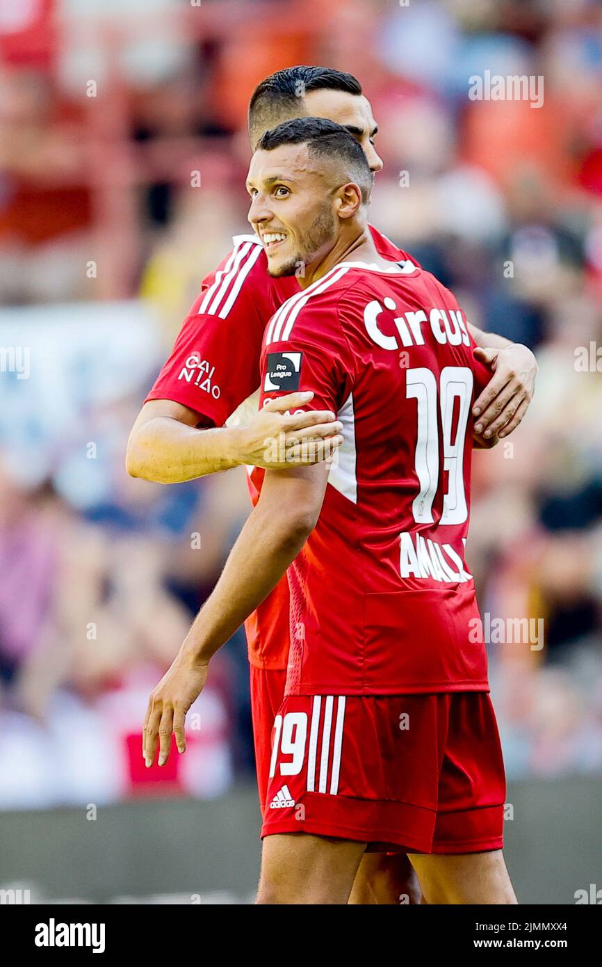 Standard's Selim Amallah celebrates after scoring during a soccer match ...