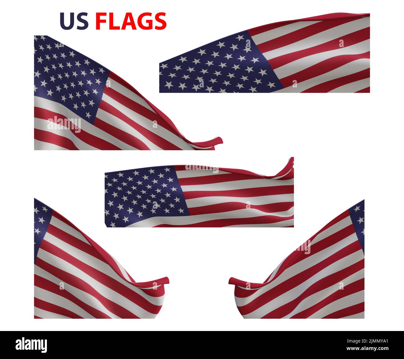 USA flags on the white background isolated, 5 pieces flag US, 3d work ...