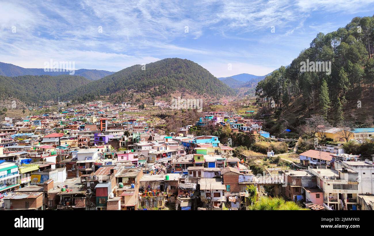 An aerial view of a town in Uttarakhand state with beautiful Himalayan ...