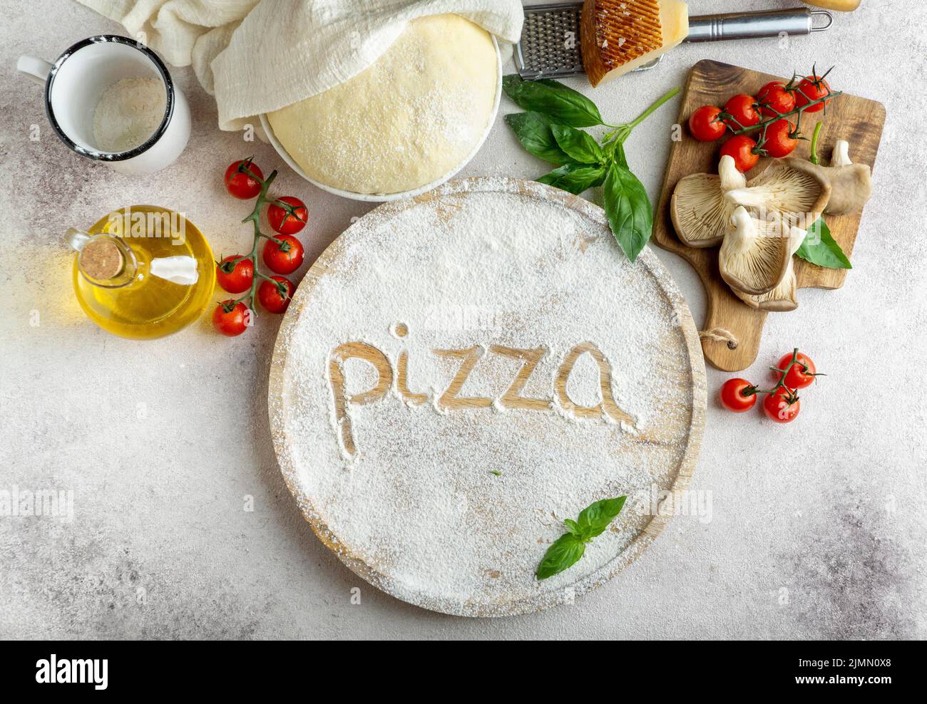 Top view pizza dough with mushrooms tomatoes word written flour Stock ...