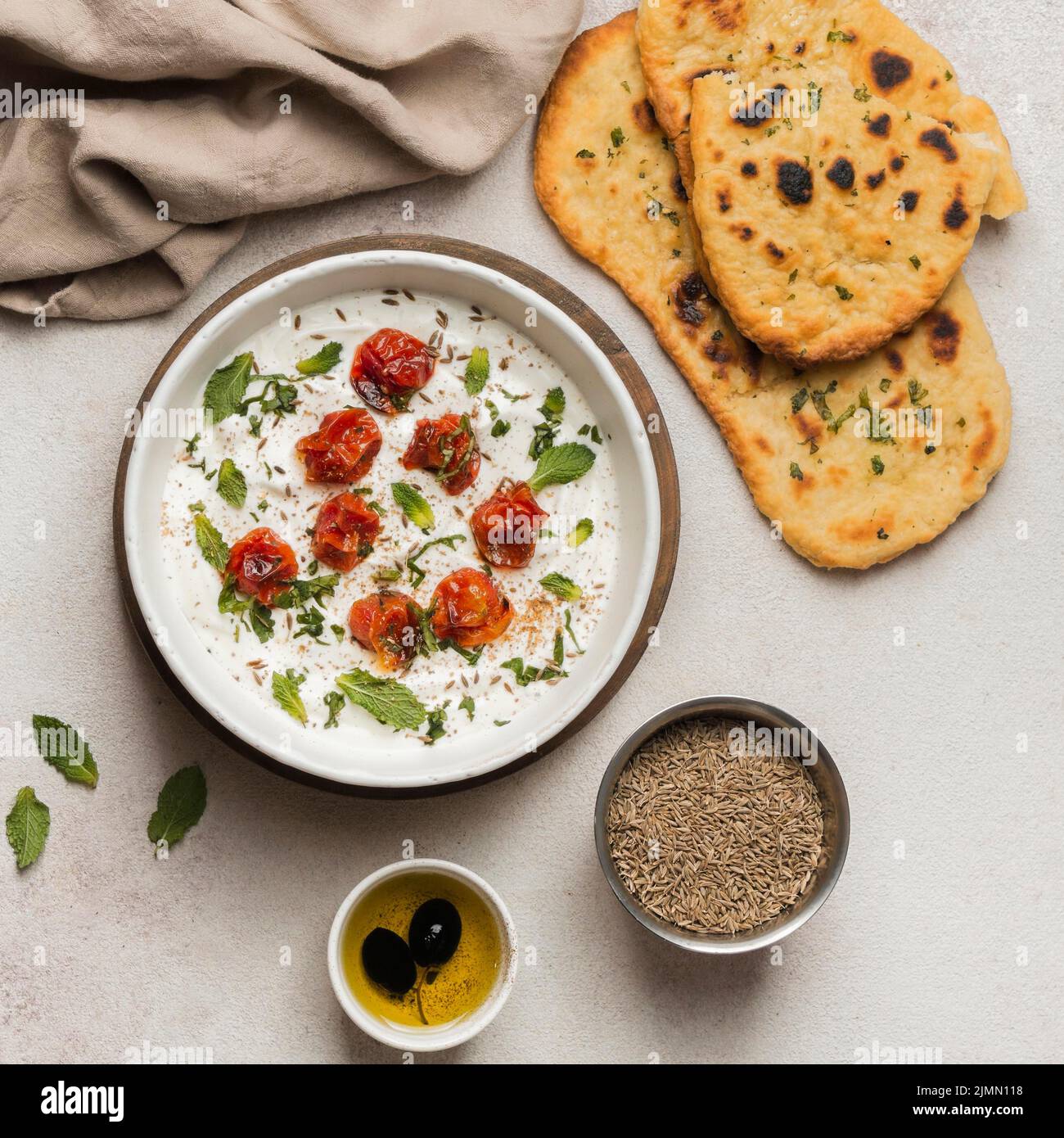 Flat lay traditional food arrangement Stock Photo - Alamy