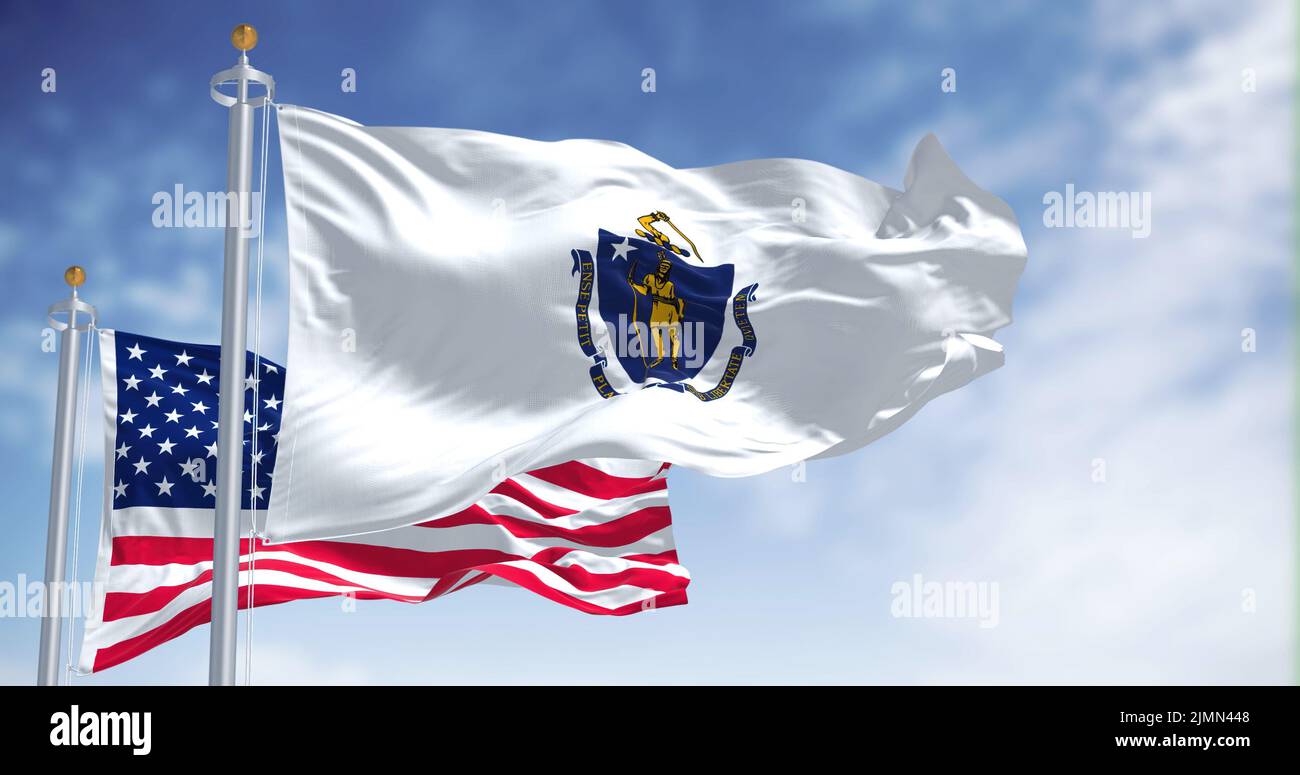 The Massachusetts state flag waving along with the national flag of the ...