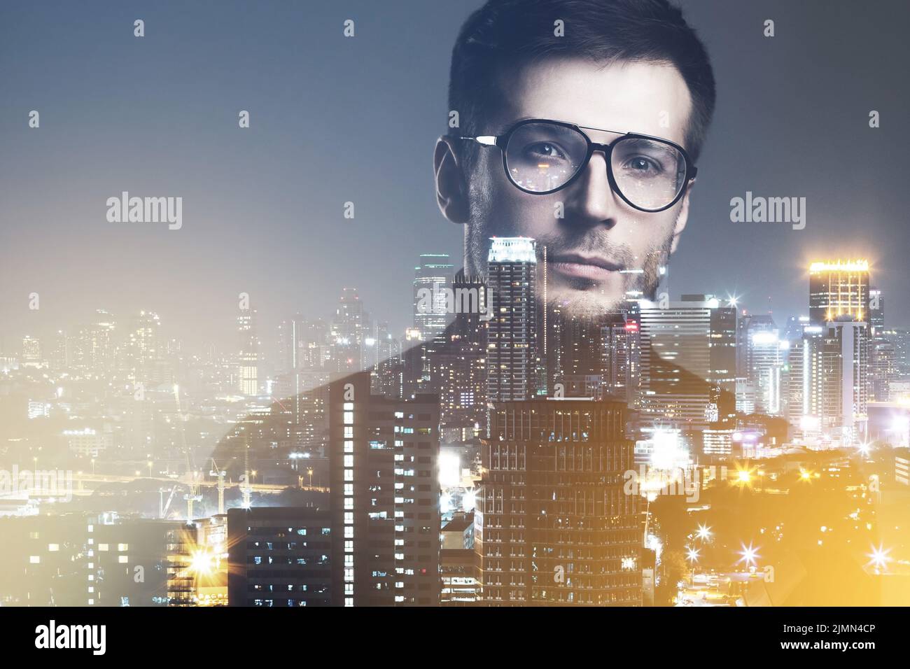 Creative photo of young intelligent man and city landscape Stock Photo ...