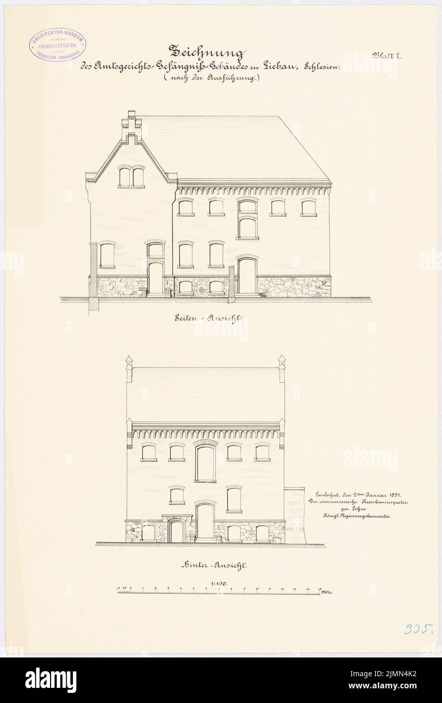 Unknown architect, local court prison in Liebau (1891): Riss back view ...