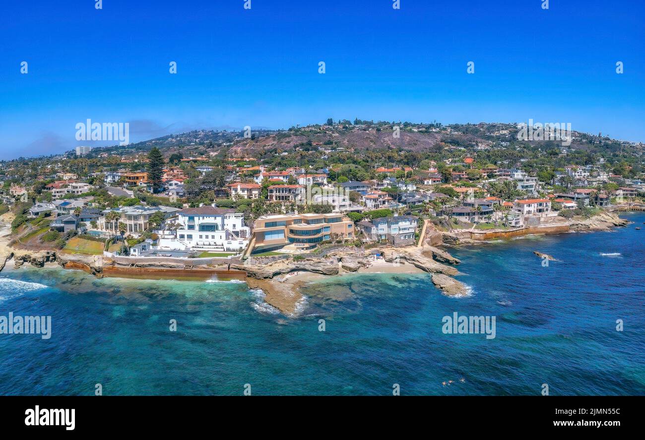 Aerial view of beachfront mansions in La Jolla, California. View of the ...