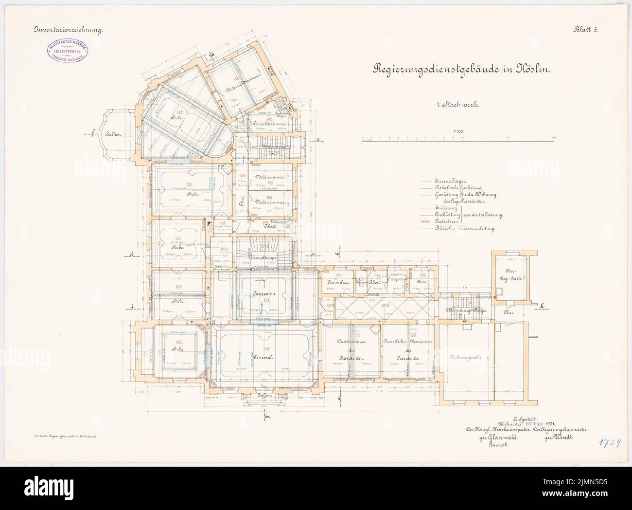 Unknown architect, government building in Köslin (approx. 1901): floor ...