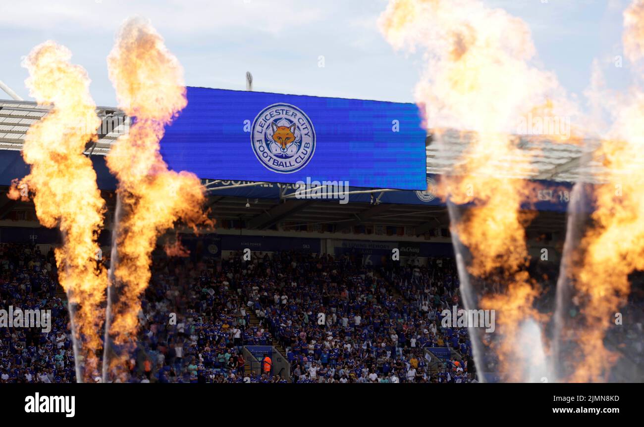 Pyrotechnics are set off on the pitch ahead of the Premier League match ...