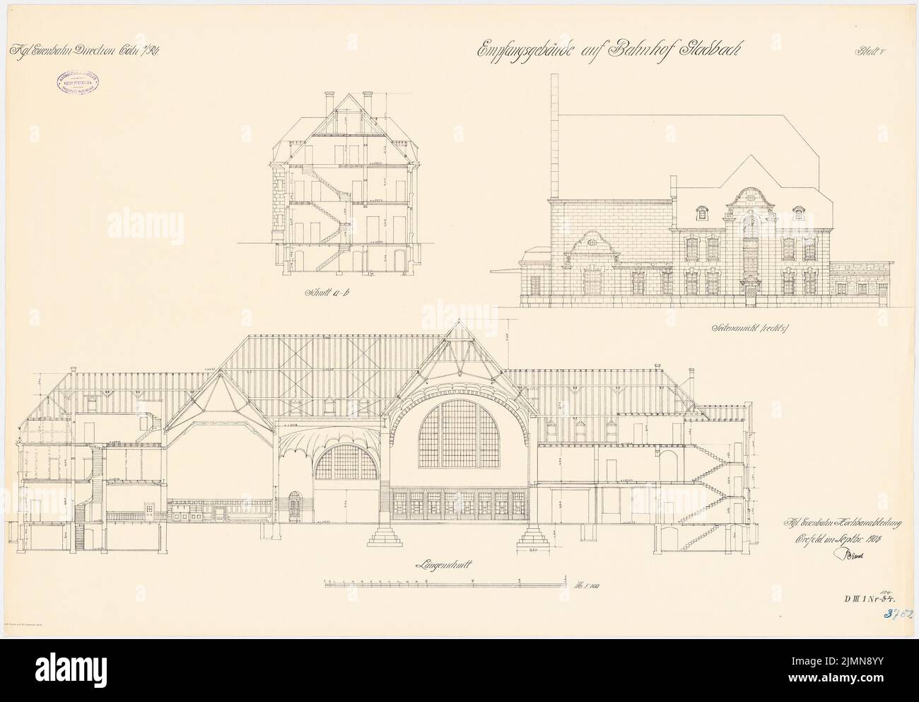 Unknown architect, train station in Mönchengladbach (1908): Riss side ...
