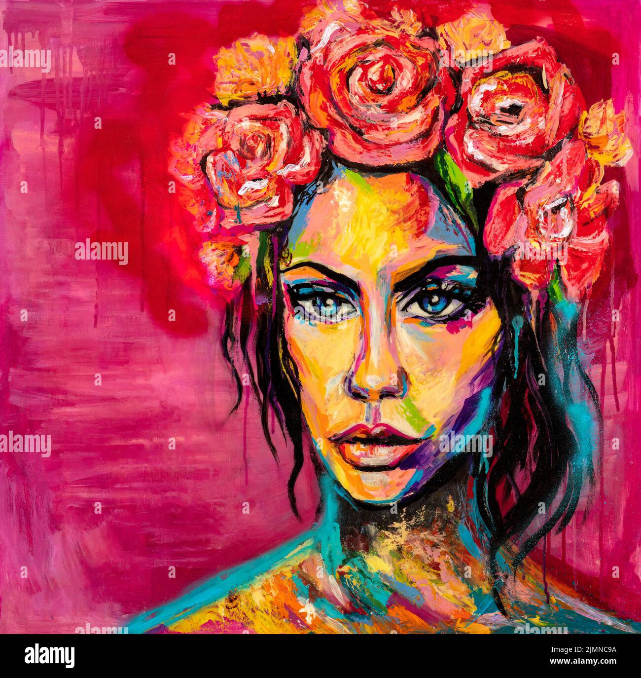 Abstract contrast paint of beautiful girl with flowers in hair Stock ...