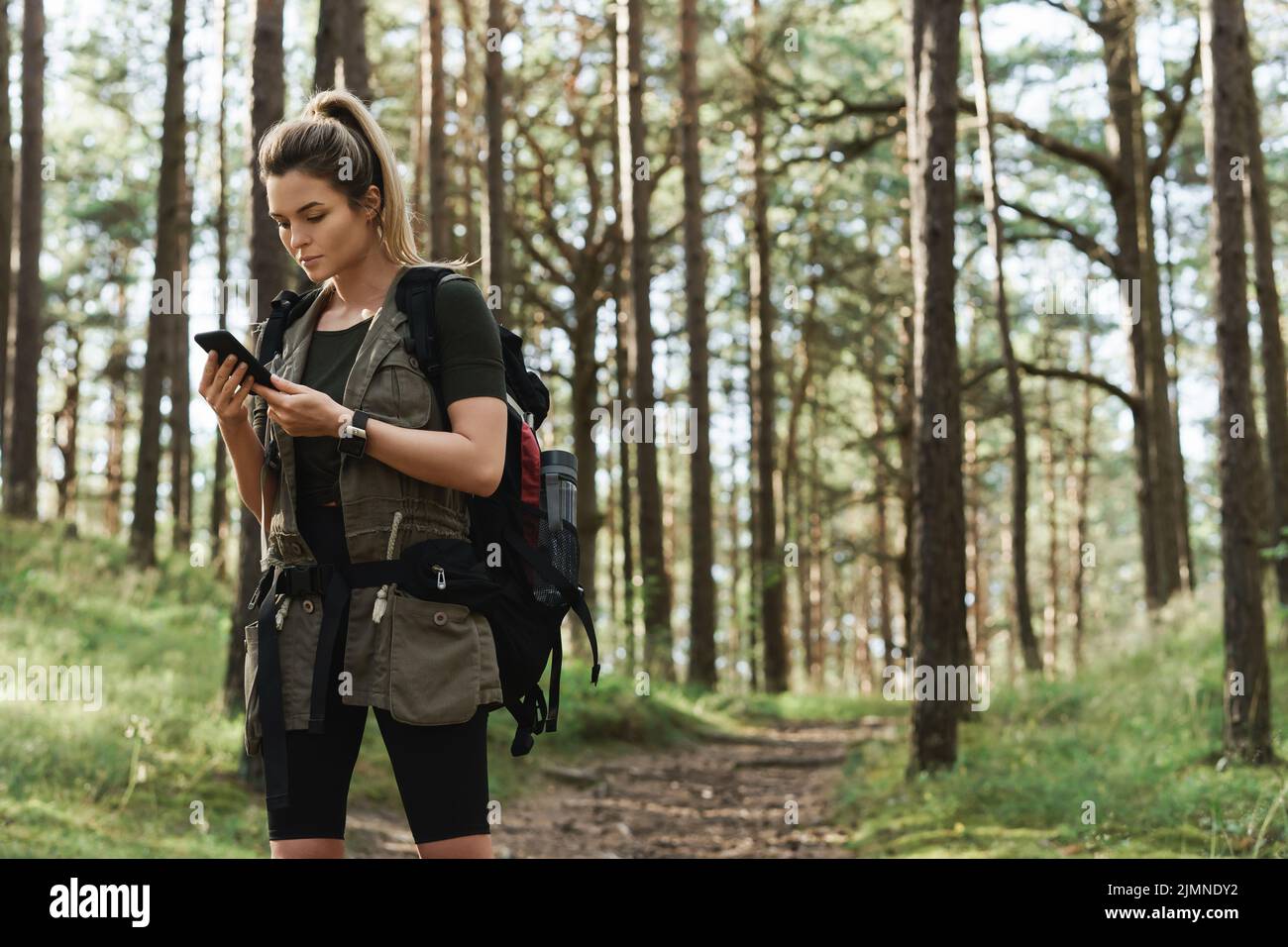 Female hiker is using smartphone for navigation in green forest Stock ...