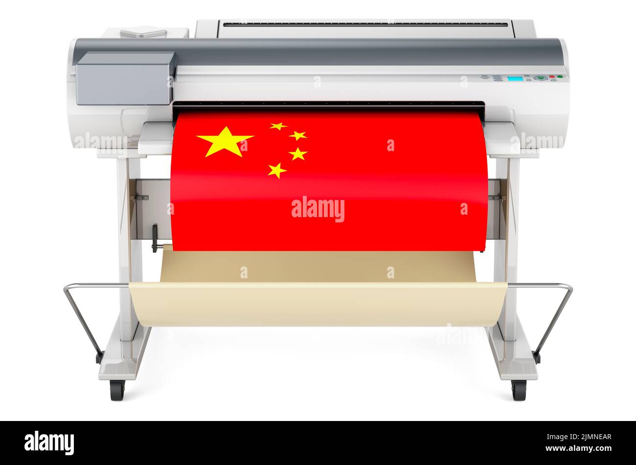 Wide format printer, plotter with Chinese flag. 3D rendering isolated ...