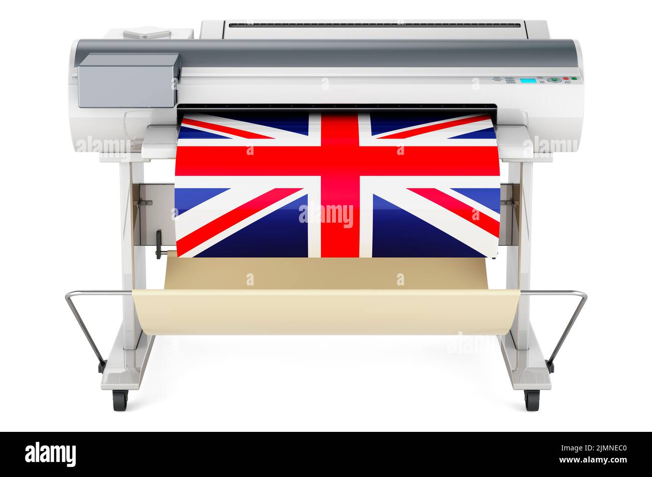 Wide format printer, plotter with British flag. 3D rendering isolated ...
