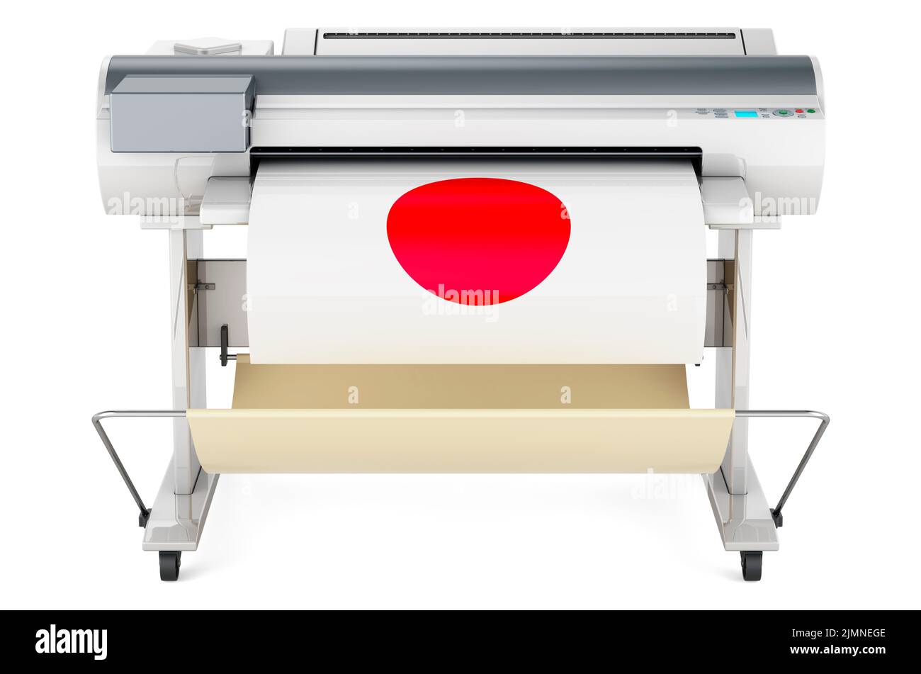 Wide format printer, plotter with Japanese flag. 3D rendering isolated ...