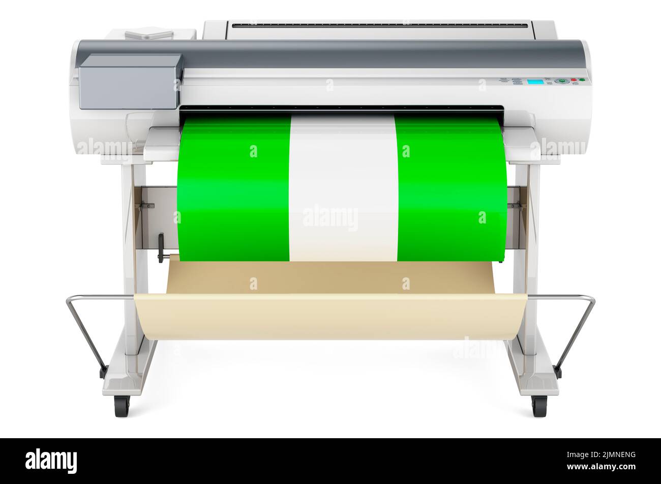 Wide format printer, plotter with Nigerian flag. 3D rendering isolated ...