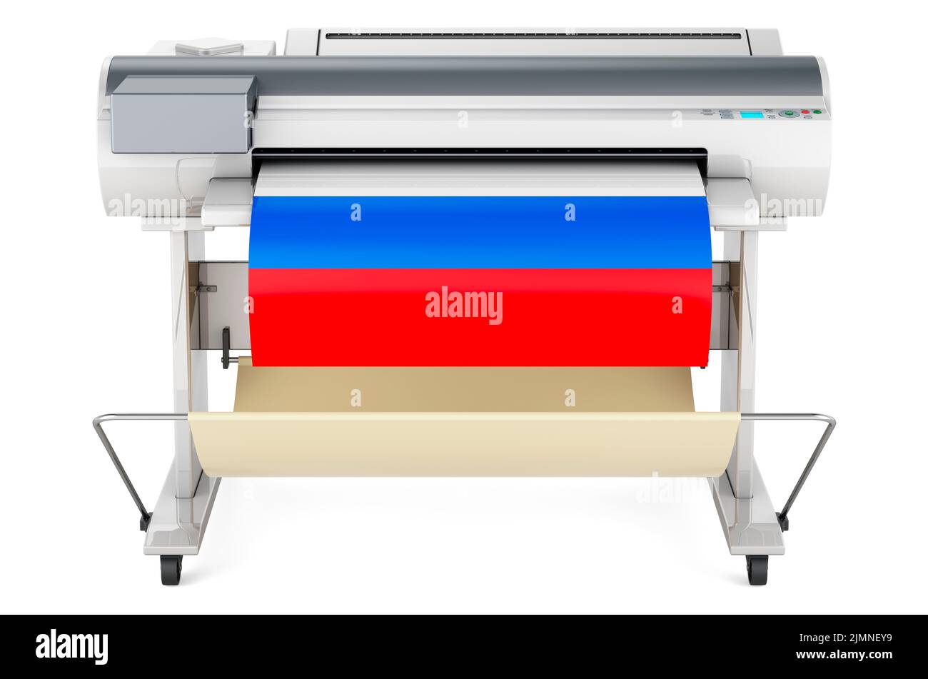 Wide format printer, plotter with Russian flag. 3D rendering isolated ...
