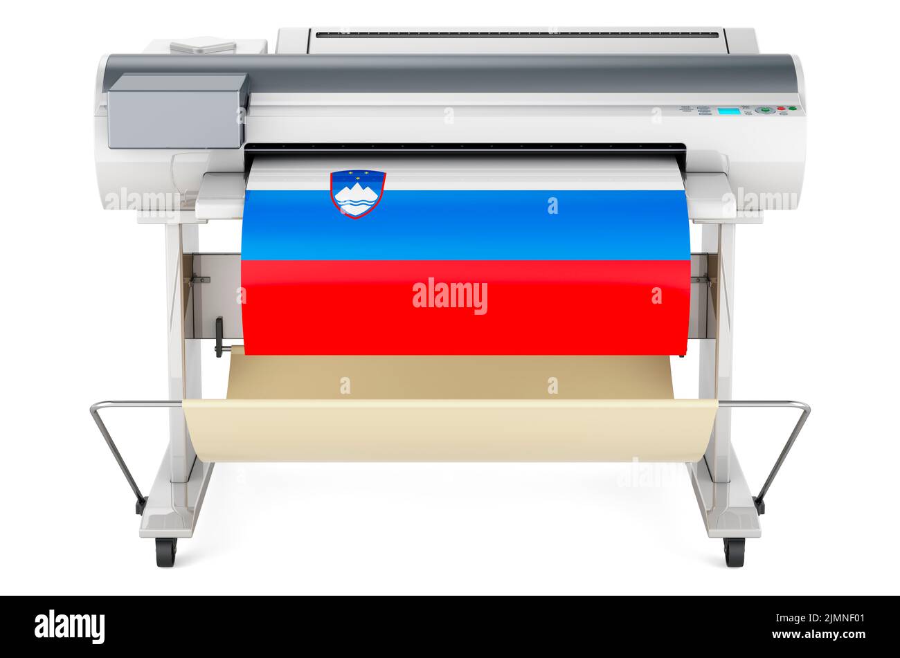 Wide format printer, plotter with Slovenian flag. 3D rendering isolated ...