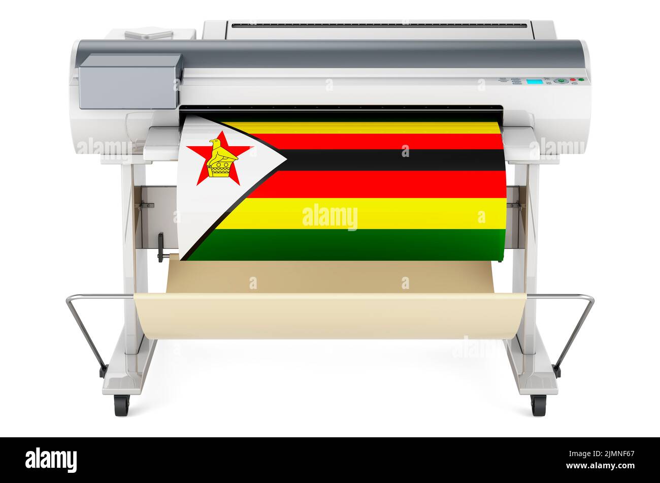 Wide format printer, plotter with Zimbabwean flag. 3D rendering ...