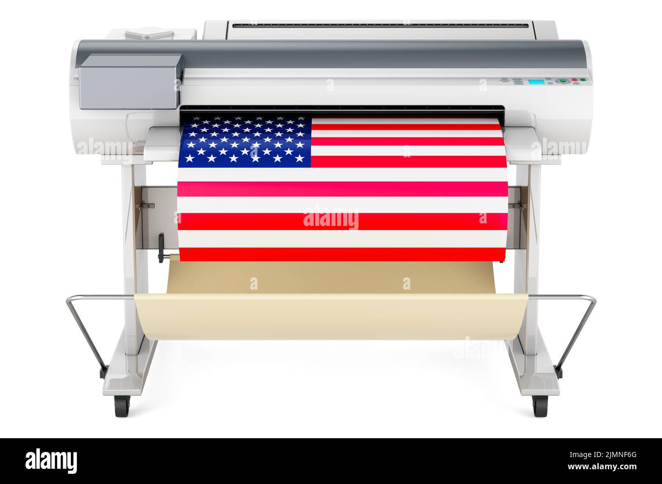Wide format printer, plotter with the United States flag. 3D rendering ...