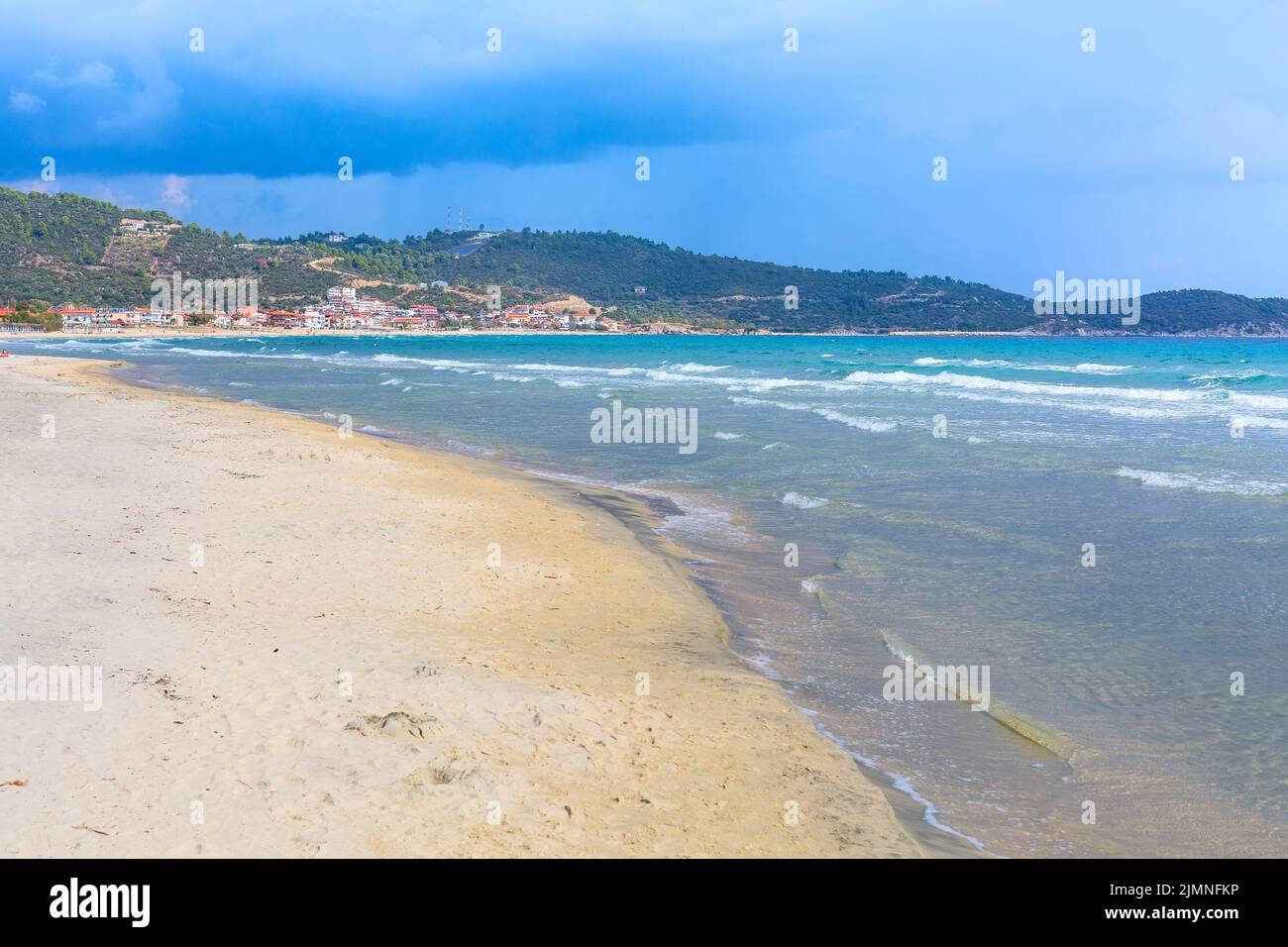 Sandy beach background with turquoise sea water waves, Greece Stock ...