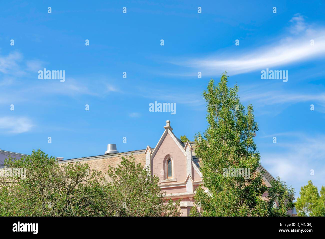 House with a pointed arched window against the sky in San Francisco ...