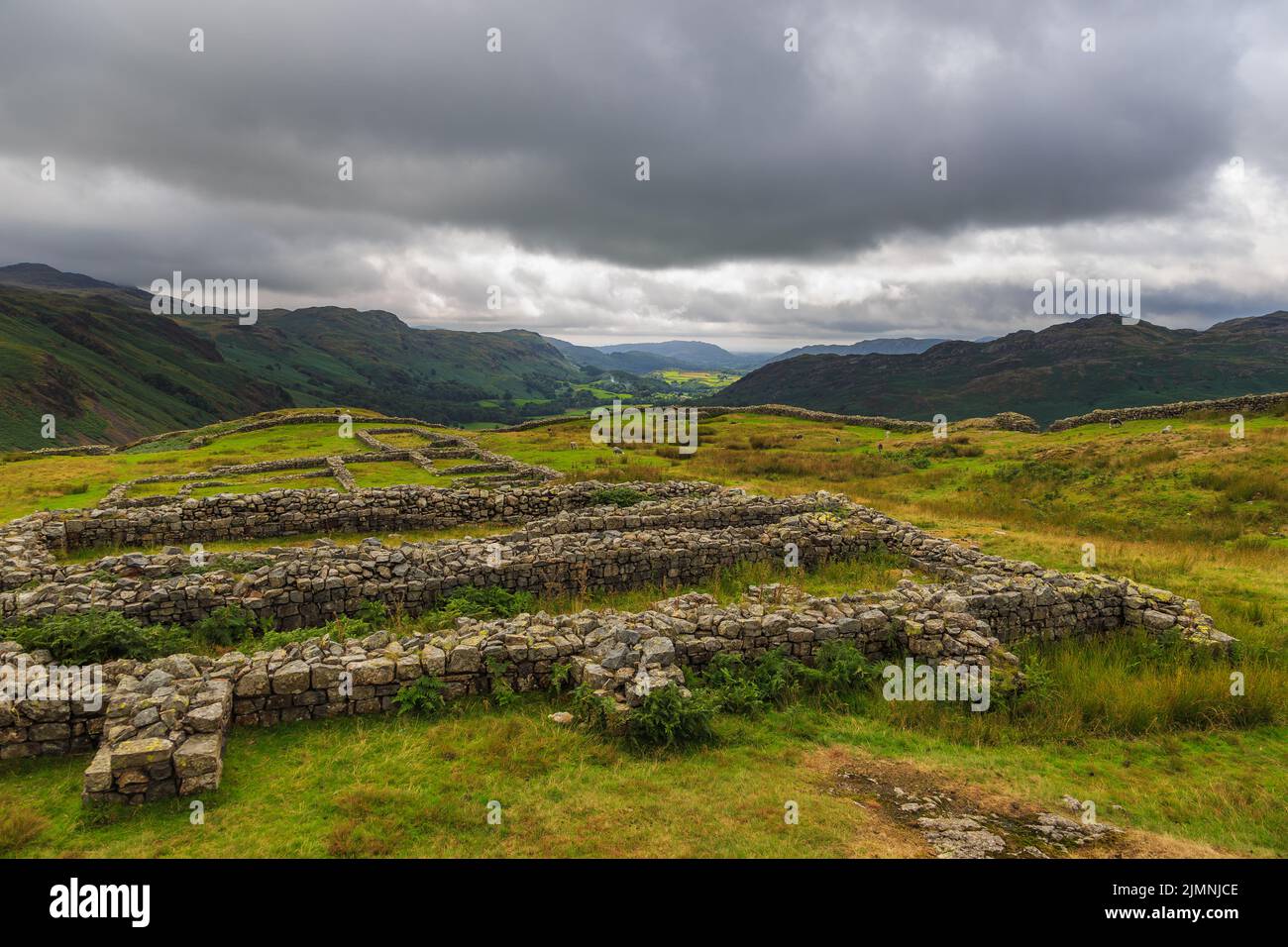View of the Hardknott Roman Fort , archeological site, the remains of ...